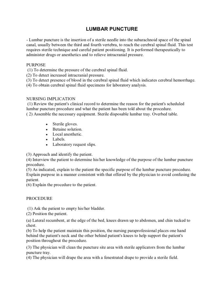 Lumbar Puncture | PDF | Cerebrospinal Fluid | Diseases And Disorders