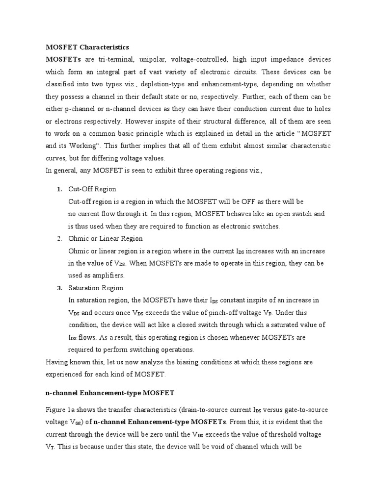 Mosfet Characteristics Mosfets Are Tri-Terminal, Unipolar, Voltage ...