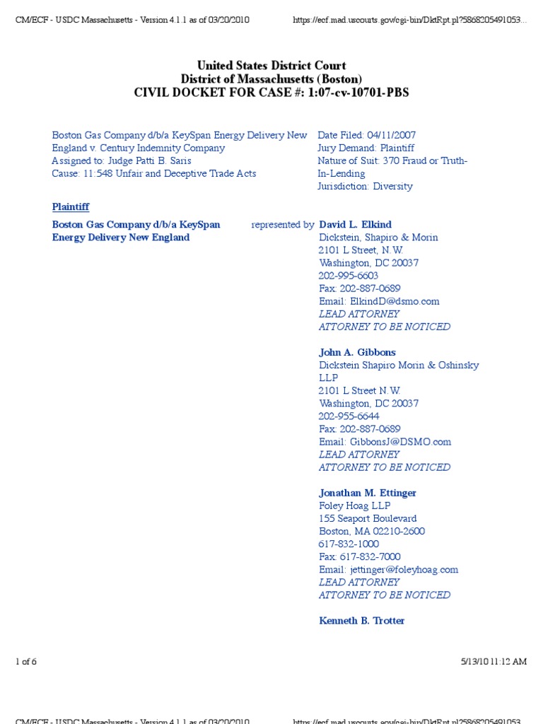 BOSTON GAS CO. v. CENTURY INDEMNITY CO. Docket | PDF | Cm/Ecf | Complaint