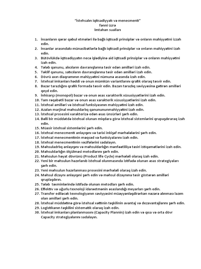 Imtahan Suallar (ATU-istehsal) | PDF