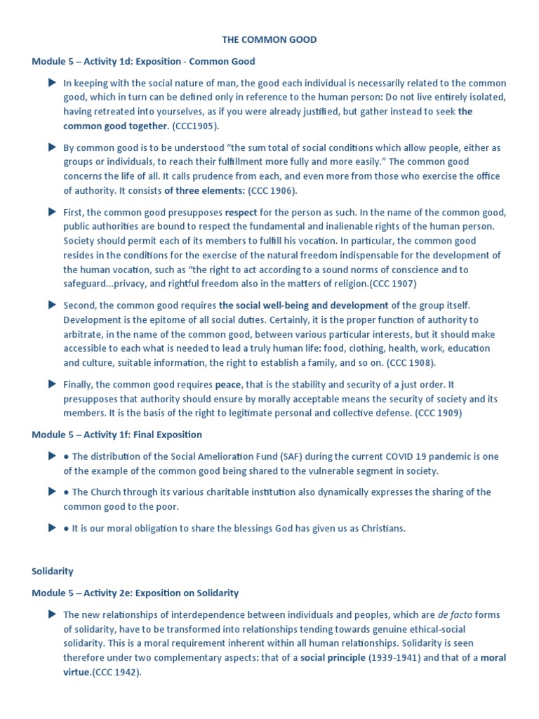The Common Good Module 5 - Activity 1d: Exposition - Common Good | PDF ...