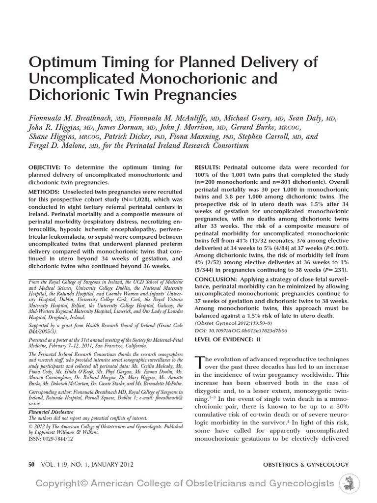 Optimum Timing For Planned Delivery of Uncomplicated Monochorionic and ...