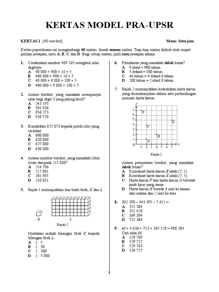 05 Mat Kertas-Model-Pra-Upsr-Kertas-1-Formula-A-Matematik-Tahun-5 | PDF