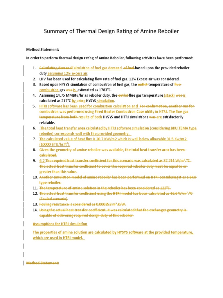 Summary of Thermal Design Rating of Amine Reboiler: Method Statement ...