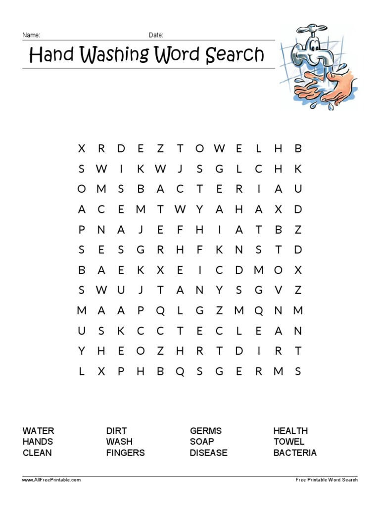 Hand Washing Word Search: Water Dirt Germs Health Hands Wash Soap Towel ...