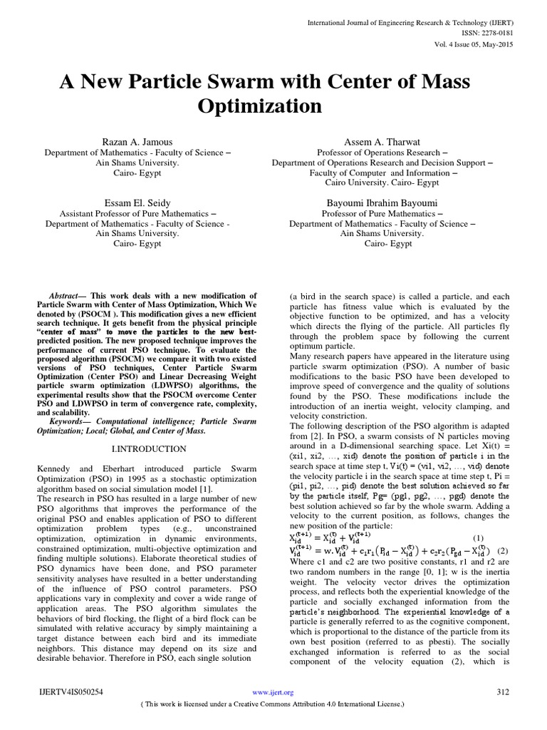 A N Ew Particle Swarm With Center of Mass Optimization: Razan A. Jamous Assem A. Tharwat | PDF ...