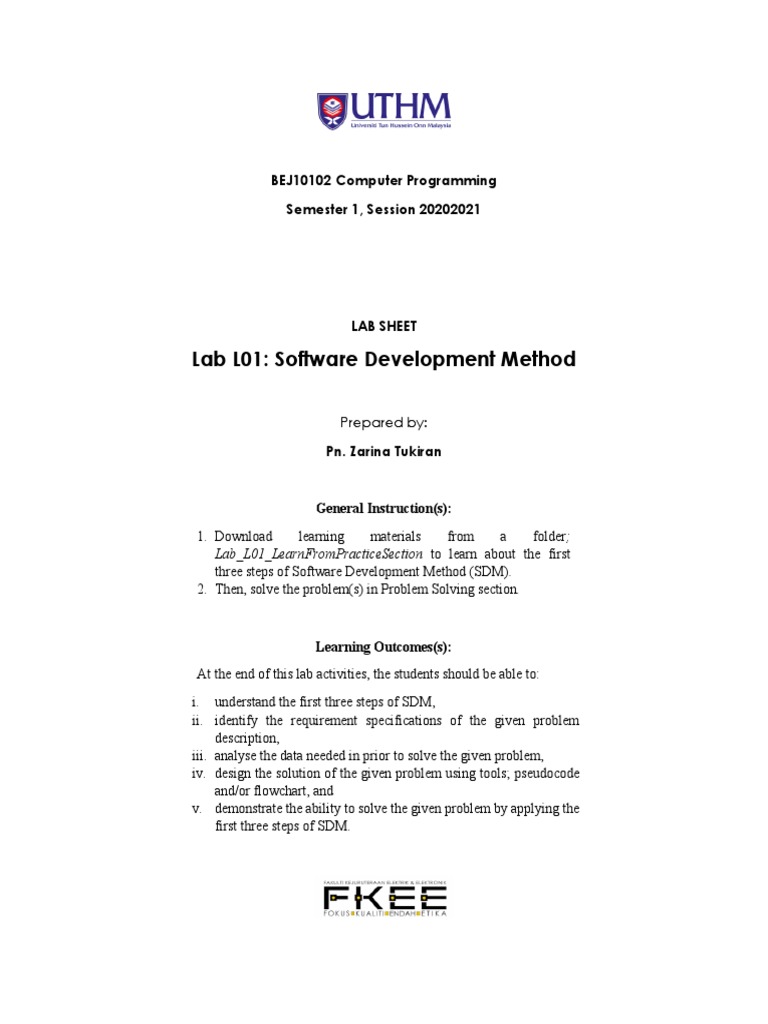 Lab L01: Software Development Method: BEJ10102 Computer Programming Semester 1, Session 20202021 ...