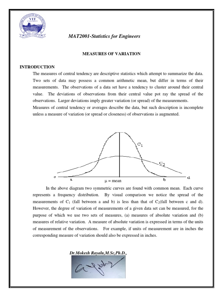 MAT2001-Statistics For Engineers: Measures of Variation | PDF | Coefficient Of Variation ...