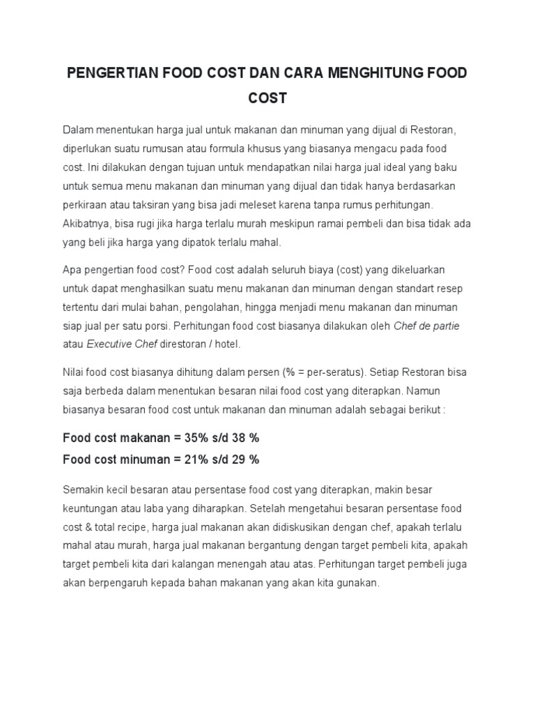 Pengertian dan Cara Hitung Food Cost | PDF | Memasak, Makanan, & Anggur ...