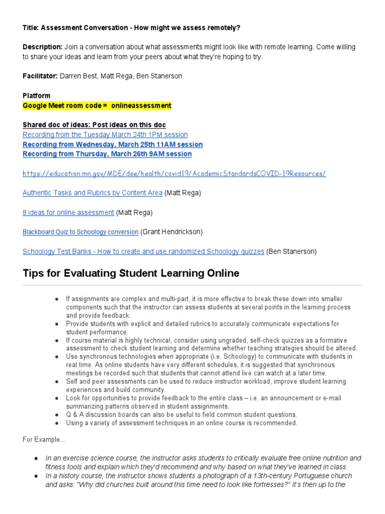Assessment Conversation - How Might We Assess Remotely | PDF | Rubric ...