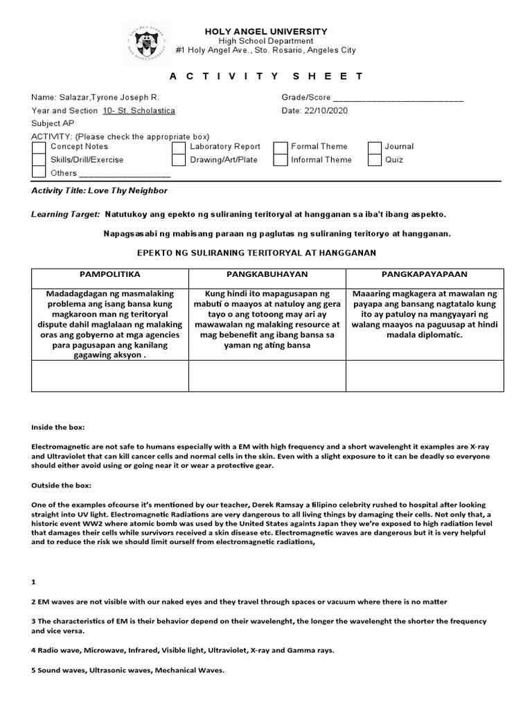 Activity Sheet Format | PDF | Electromagnetic Radiation | Ultraviolet