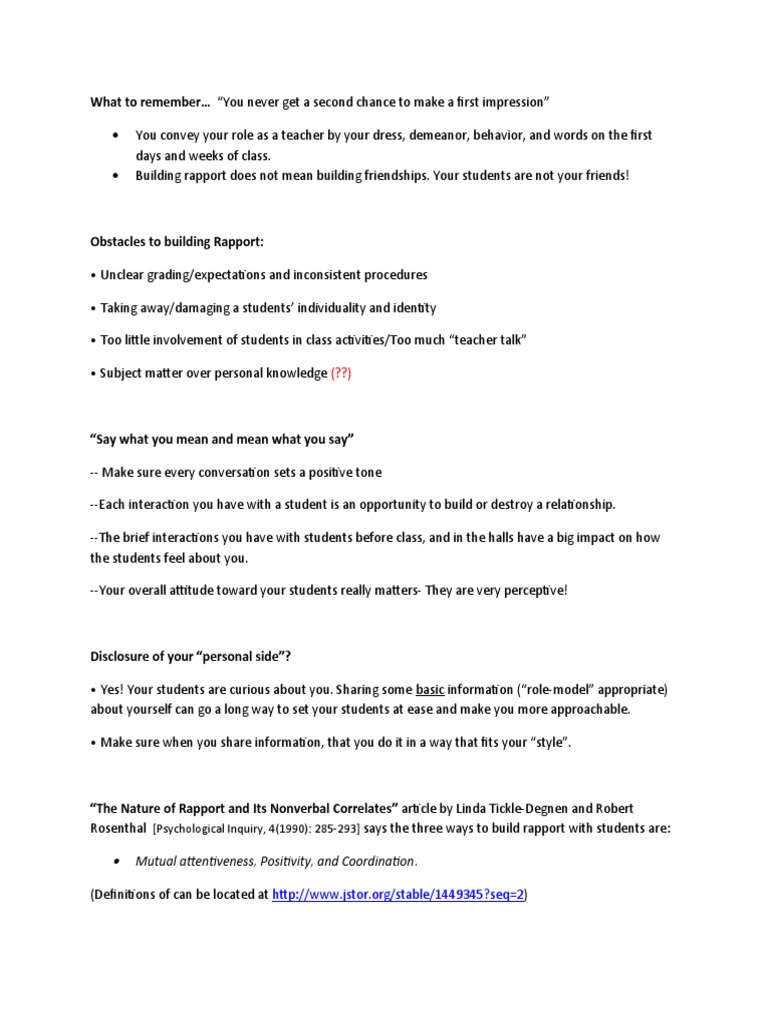 Building Rapport with Students: Key Strategies | PDF | Classroom | Teachers