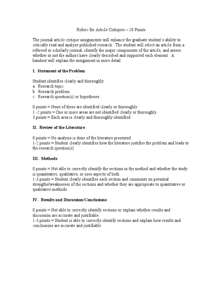 Article Critique Rubric Guide | PDF