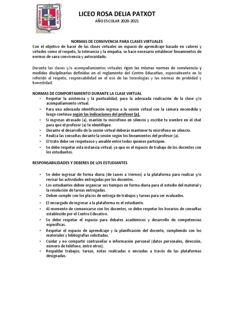 Normas de Convivencia para Clases Virtuales 2020-2021 | Descargar ...