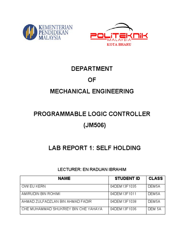 PLC Lab Report 1 Self Holding | PDF