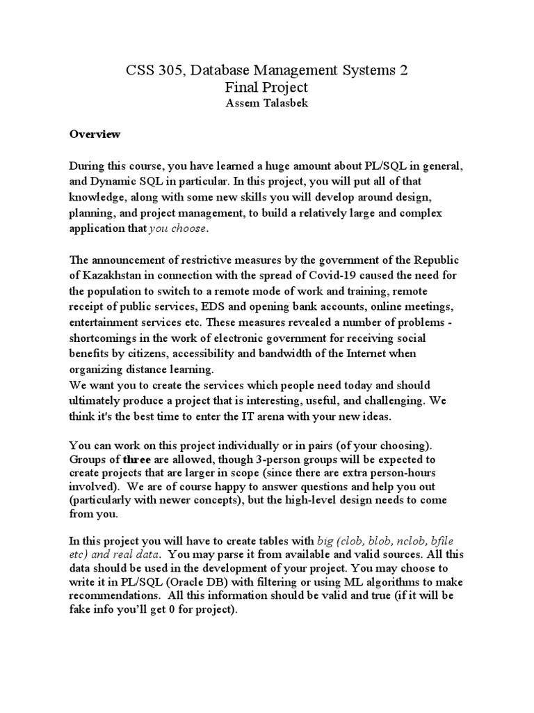 CSS 305, Database Management Systems 2 Final Project | PDF | Pl/Sql ...