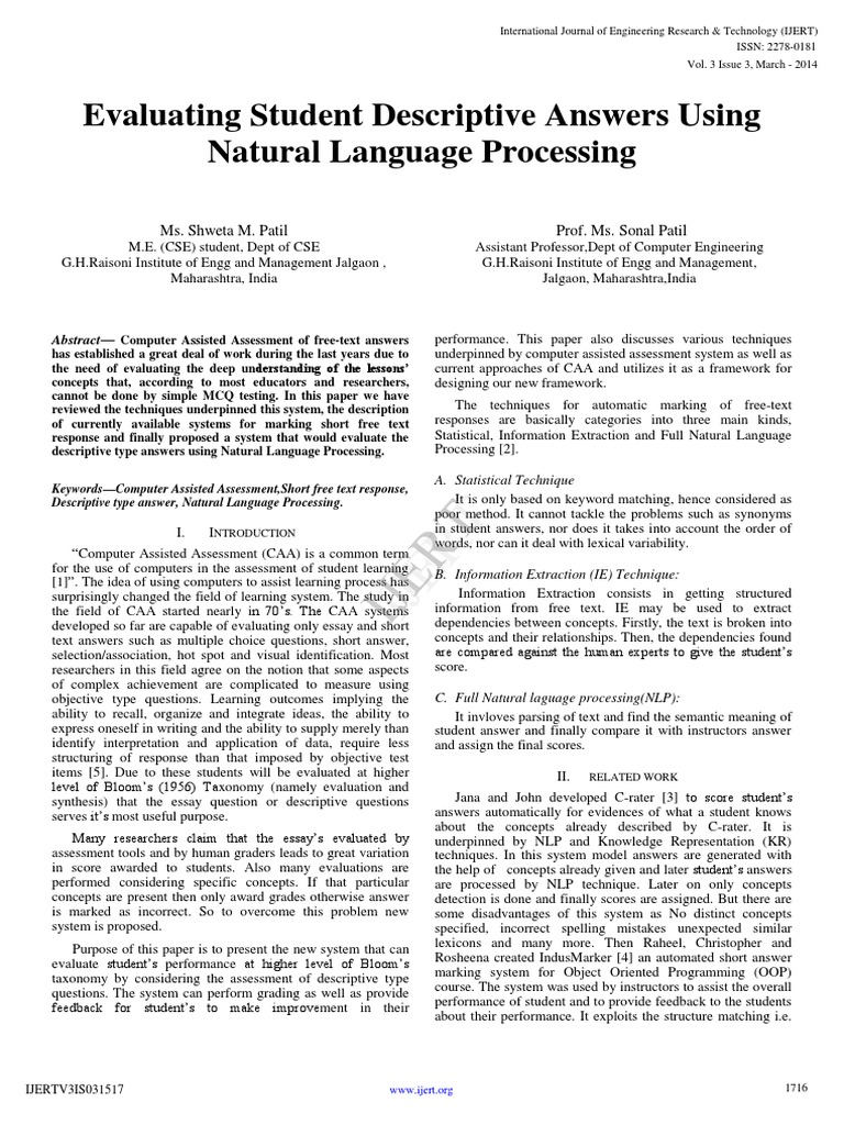 Evaluating Student Descriptive Answers Using Natural Language ...
