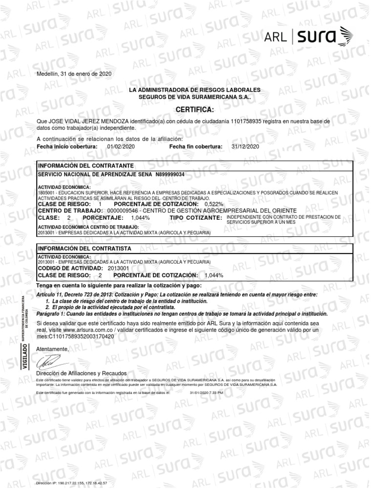 Certificado ARL Sura - José Vidal Jerez | PDF | Seguro | Business