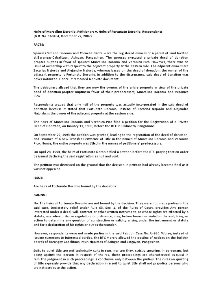 Heirs of Marcelino Doronio, Petitioners v. Heirs of Fortunato Doronio ...