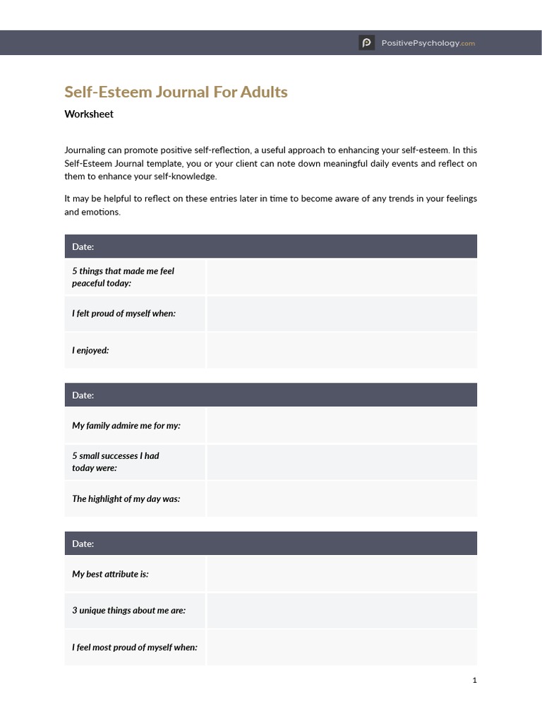 Self-Esteem Journal Worksheet for Adults | PDF | Self-Improvement ...