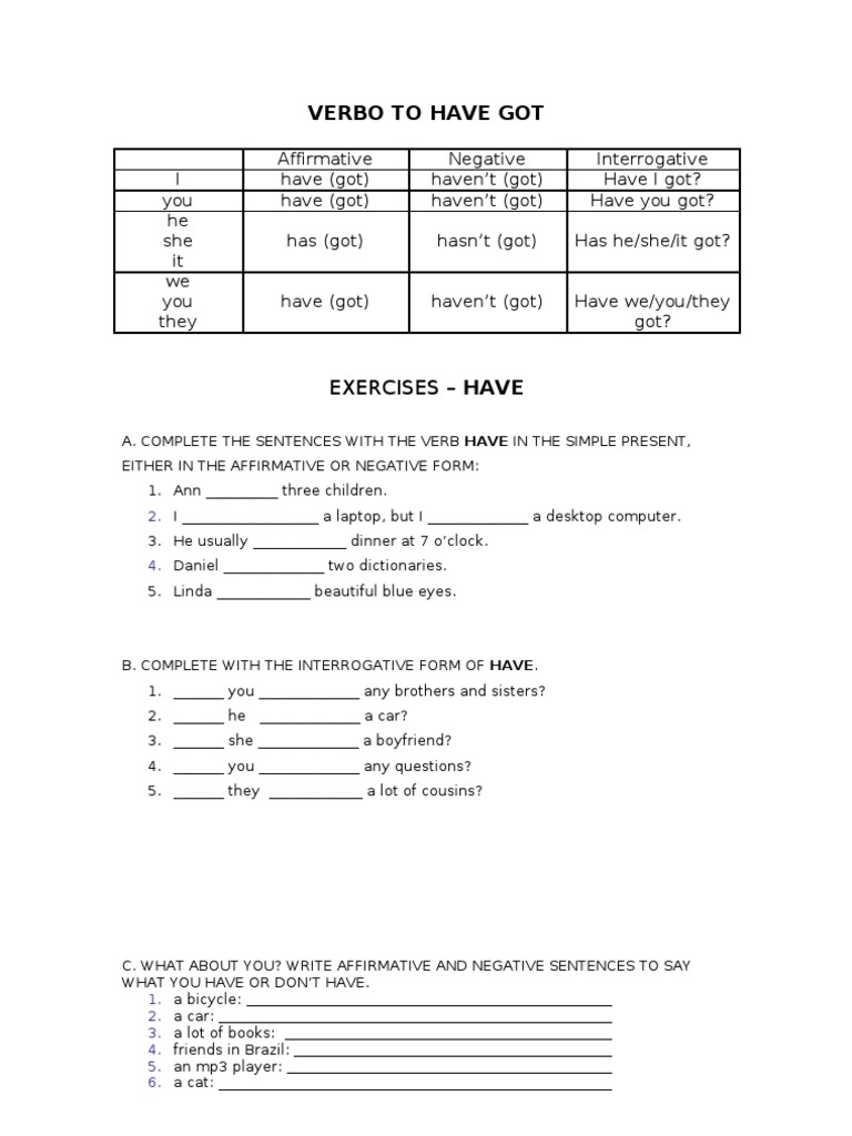 Simple Present Exercises With Have | PDF