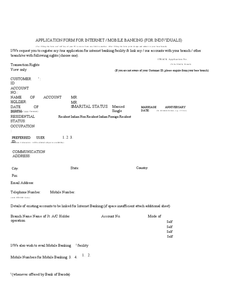 Application Form For Internet / Mobile Banking (For Individuals) | PDF ...