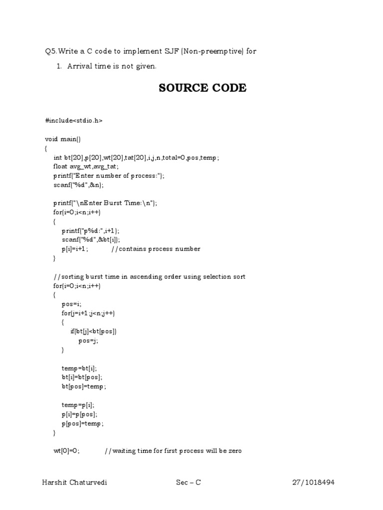 Source Code: Q5.Write A C Code To Implement SJF (Non-Preemptive) For 1. Arrival Time Is Not ...