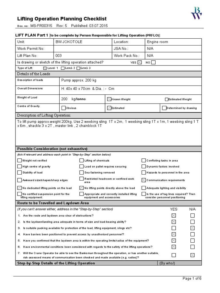 03-Lifting Operation Planning Checklist - Lifting Jockey Pump B ...