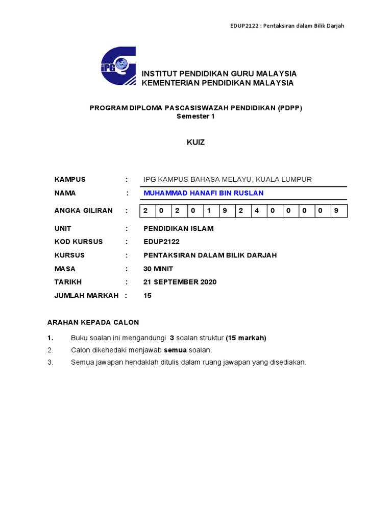 KUIZ EDUP2122 PDPP S1 2020 Hanafi | PDF