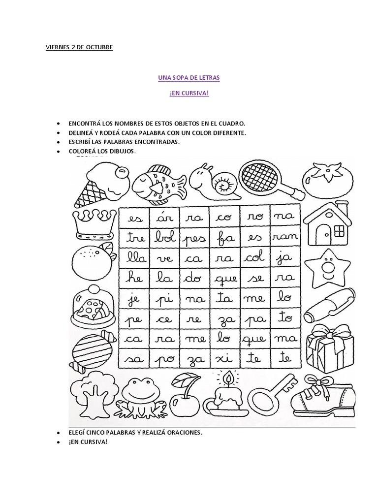 Sopa de letras en cursiva: octubre 2 | PDF | Artes del Lenguaje y ...