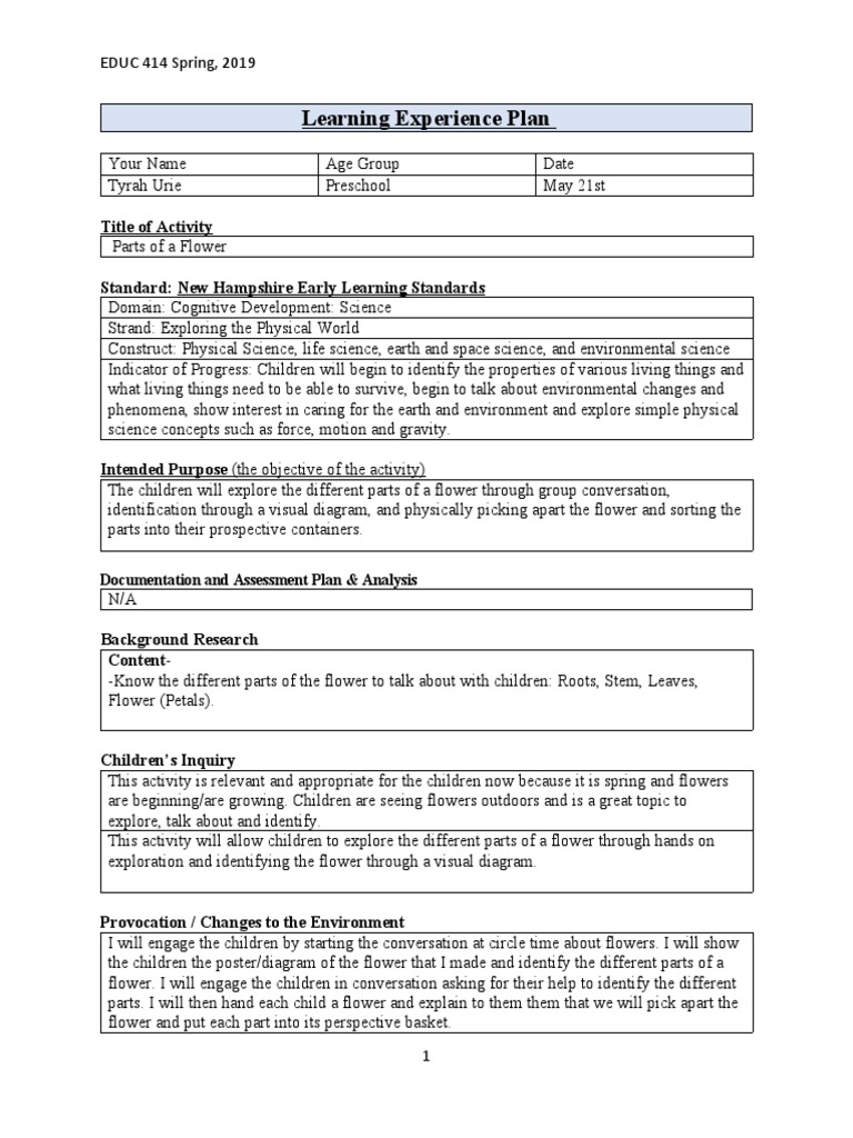 Learning Experience Plan: Title of Activity | PDF | Flowers | Science