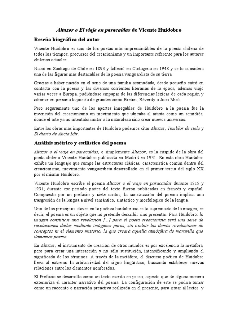 Análisis Del Poema Altazor o El Viaje en Paracaídas de Vicente Huidobro ...