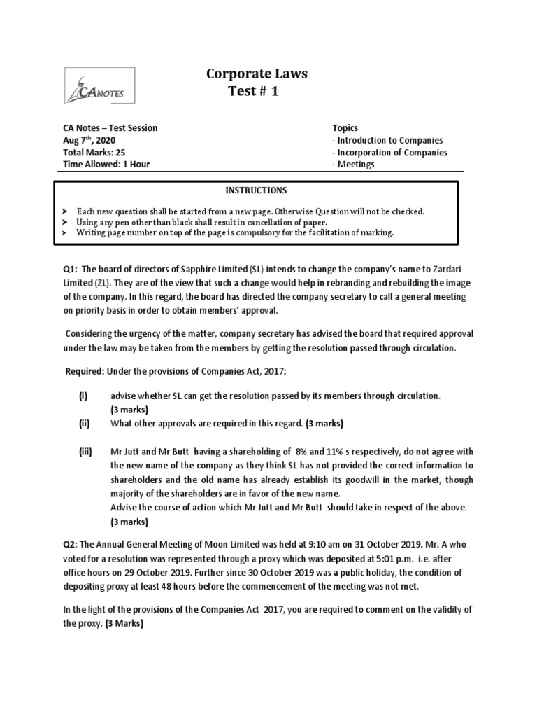 CLAW Test 1 QP | PDF | License | Corporate Law