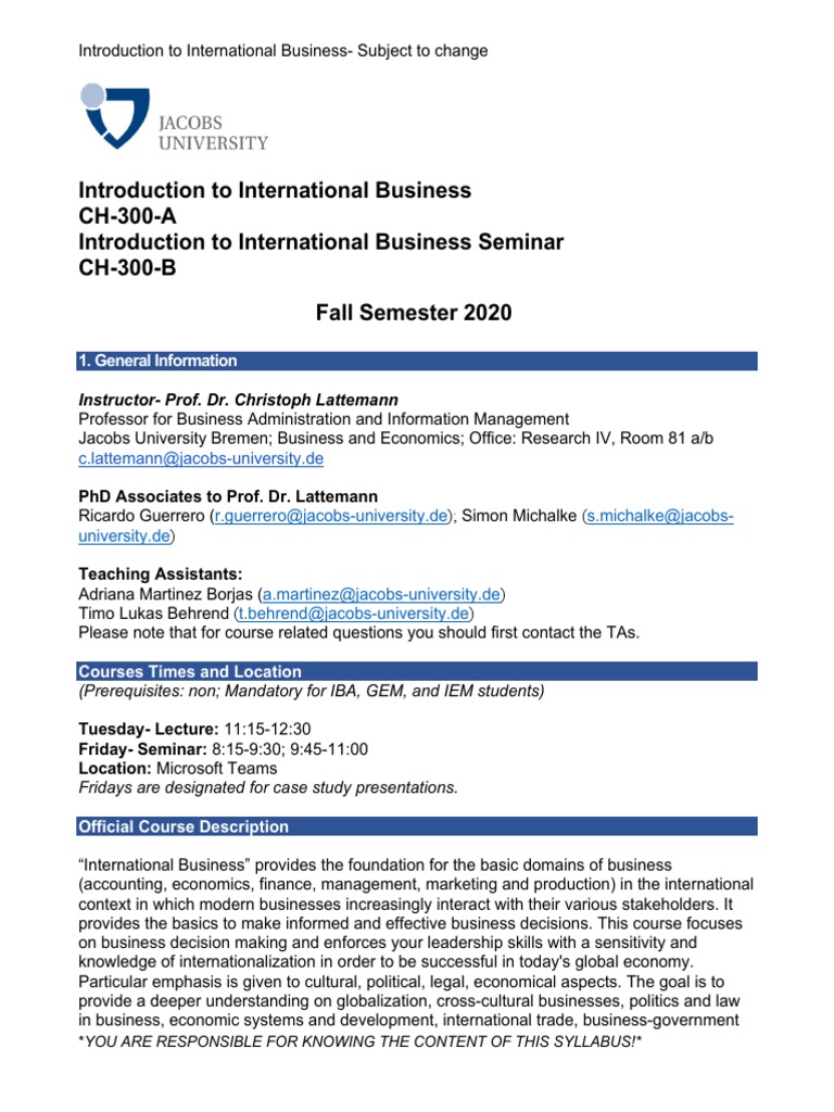 Syllabus Introduction To International Business - Version #1-4 PDF ...