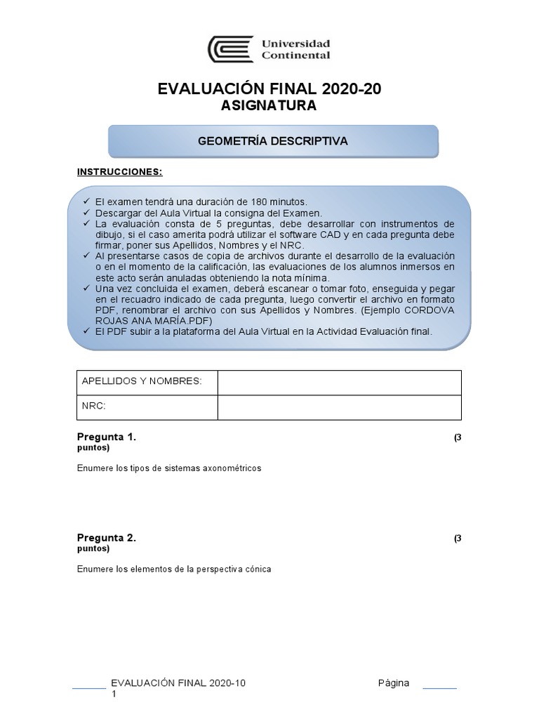 Examen Final Geometria Descriptiva 2020-20 | PDF