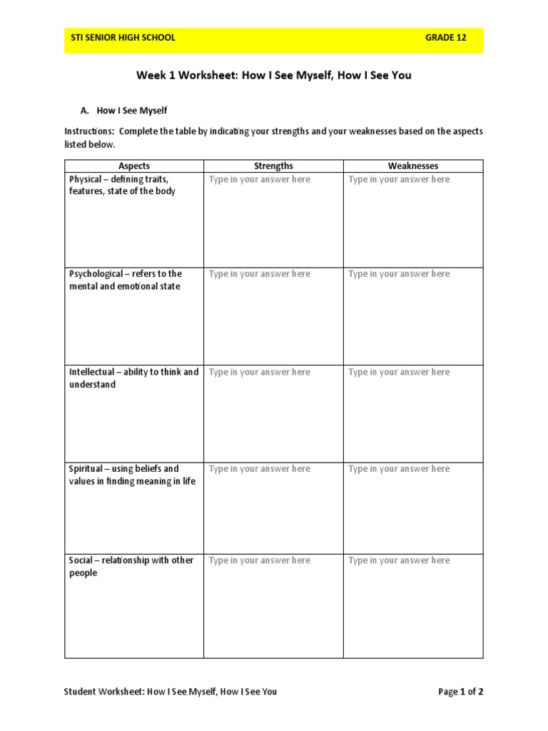 Week 1 Worksheet: How I See Myself, How I See You: Sti Senior High ...