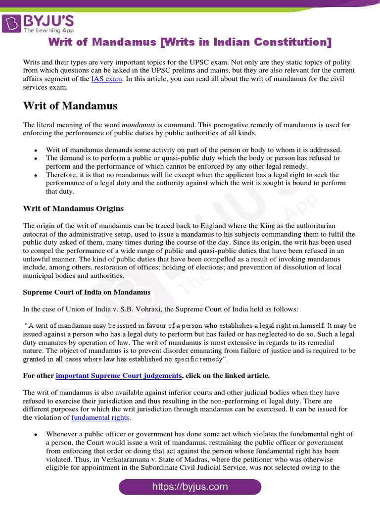 Writ of Mandamus (Writs in Indian Constitution) | PDF | Mandamus | Writ