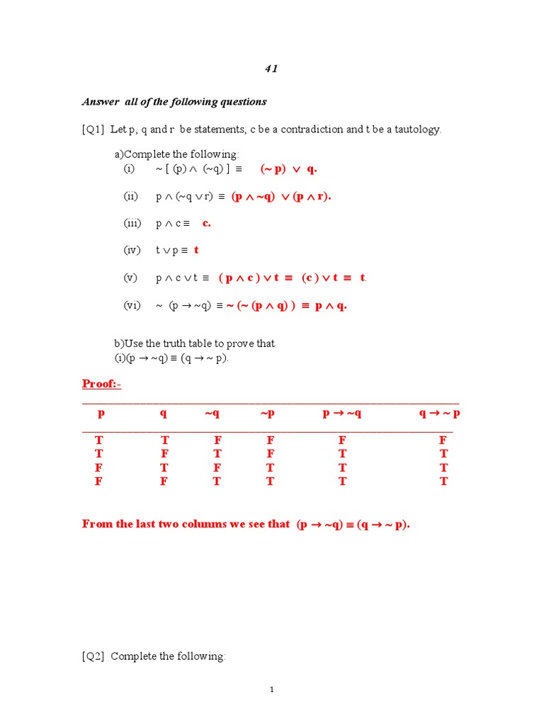 P) Q. Q) (P R) .: 41 Answer All of The Following Questions | PDF ...