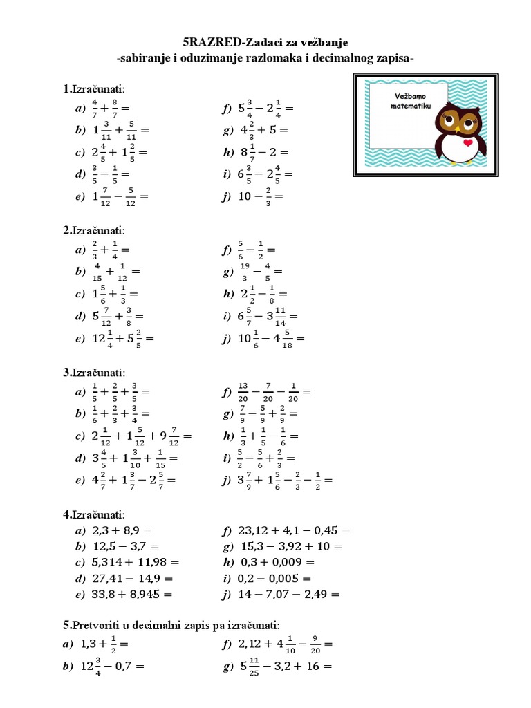 5razr Sab I Oduz Razlomaka I Dec BR Zadaci Za Vezbanje | PDF