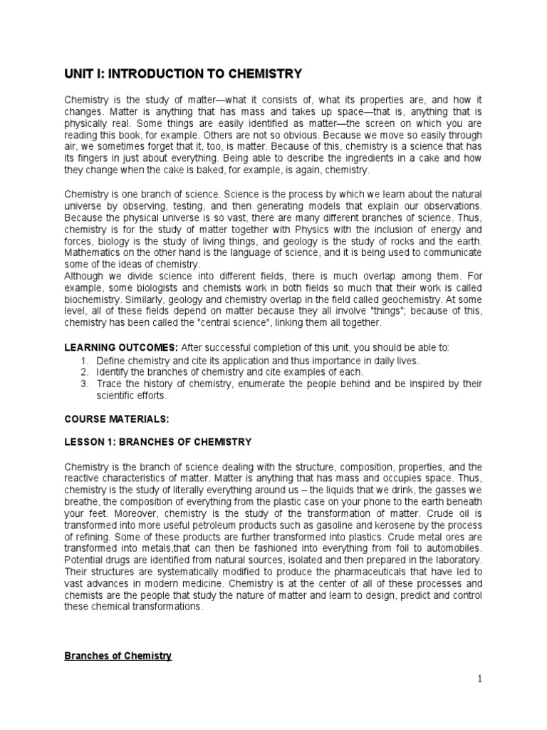 Unit I: Introduction To Chemistry: LEARNING OUTCOMES: After Successful ...