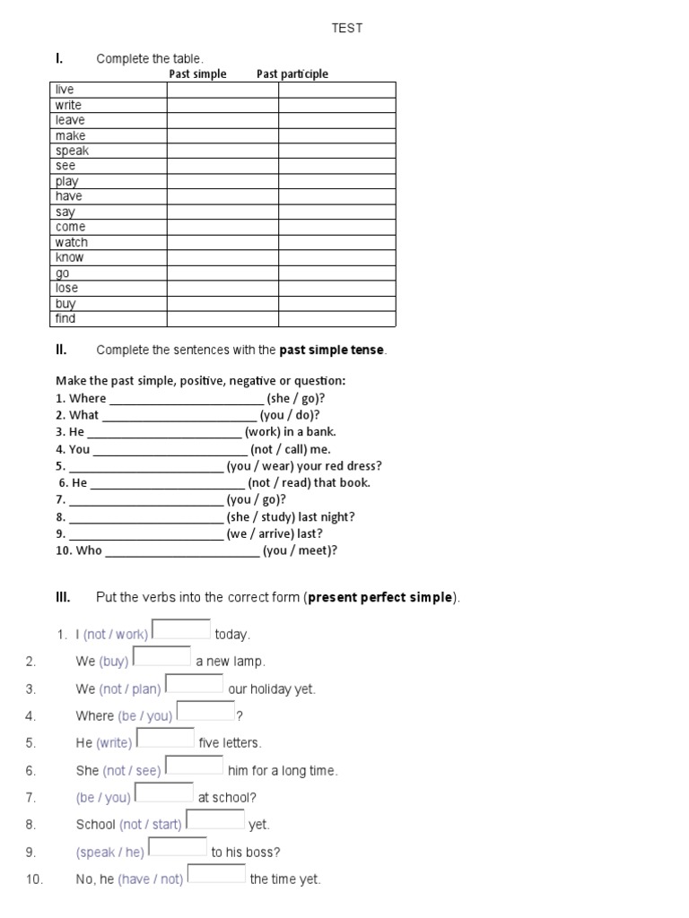 TEST Za VIII-past Simple I Present Perfect, Will, Won't | PDF ...