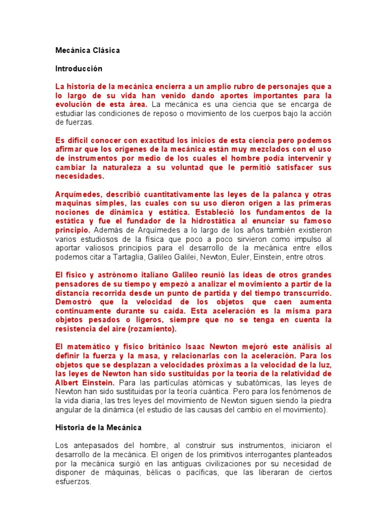 Historia De La Mecánica Pdf Movimiento Física Galileo Galilei