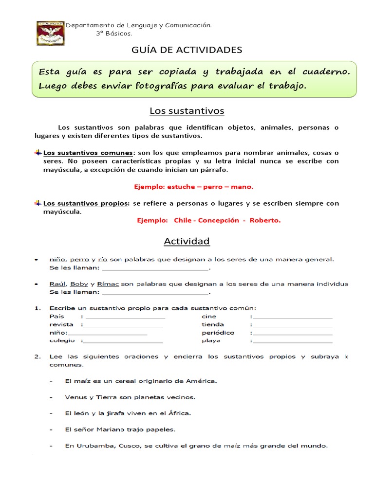 Guía de Actividades 3° Año Básico (Sustantivos y Adjetivos) | PDF ...