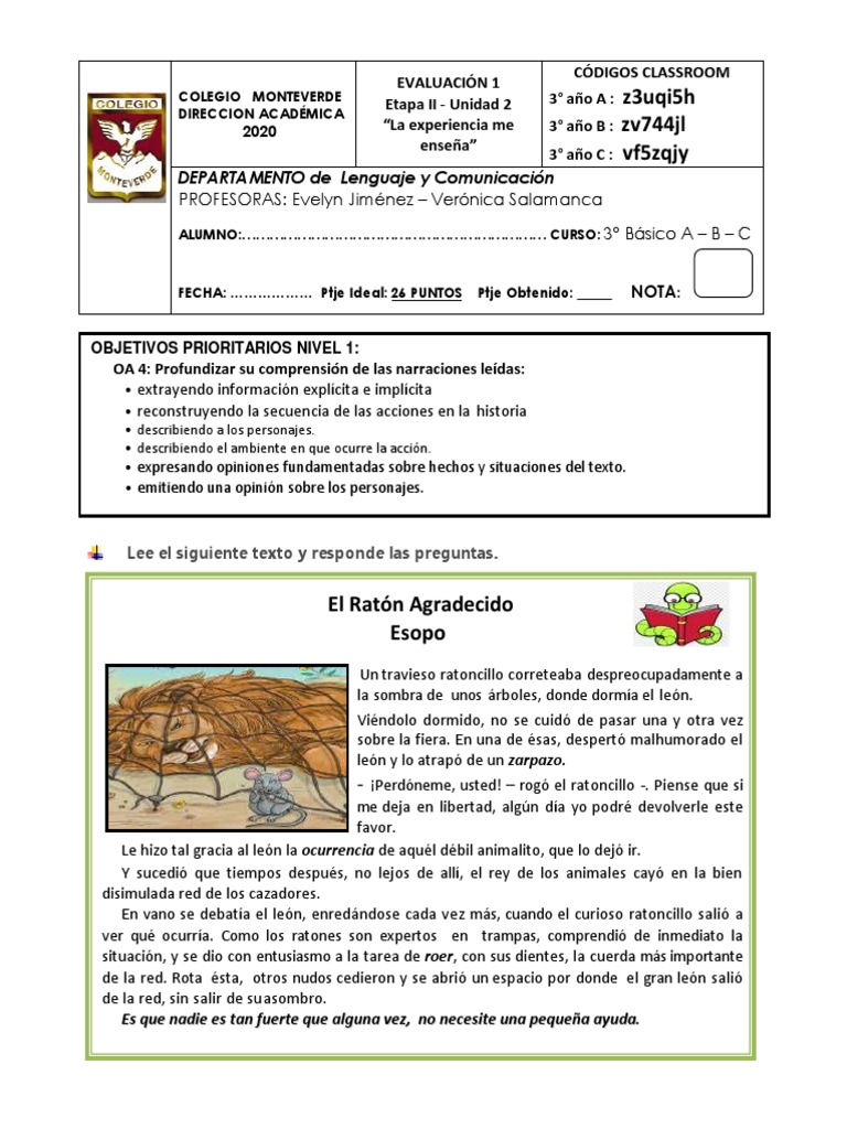 Evaluación Unidad 2 Etapa II 3° Año Básico | PDF