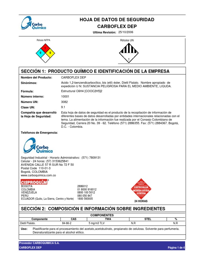 CARBOFLEX DEP (MSDS) - Dietilftalato | PDF | Oxígeno | Agua