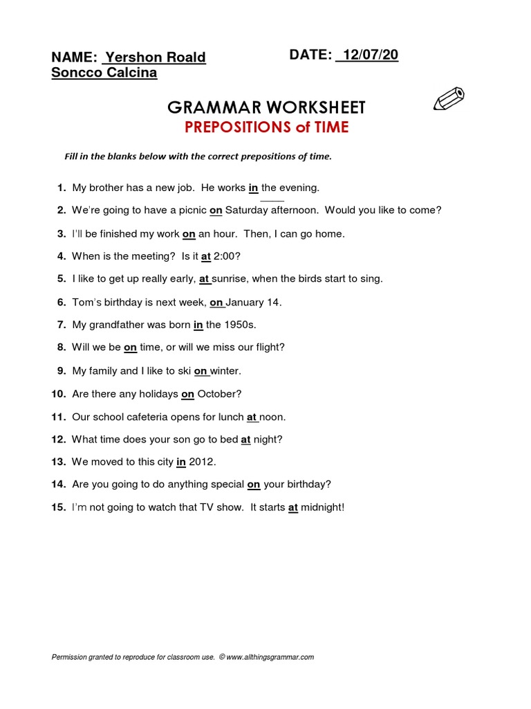 Grammar Worksheet: Prepositions of Time | PDF