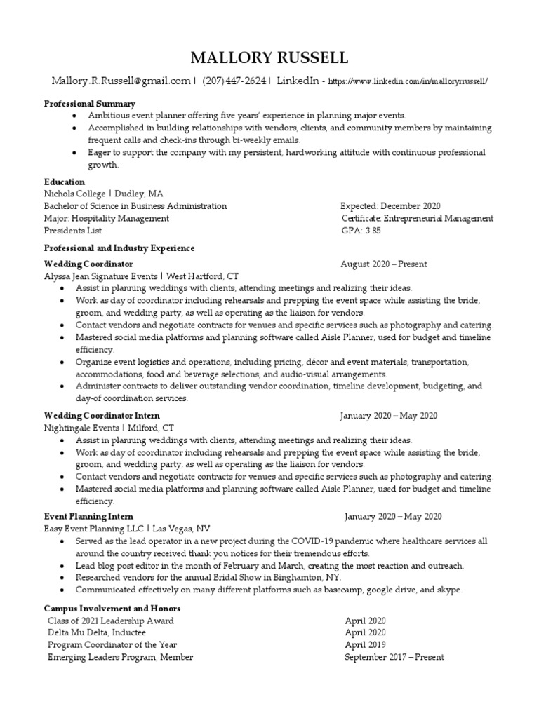 Mallory Russell Resume | PDF | Business | Wedding