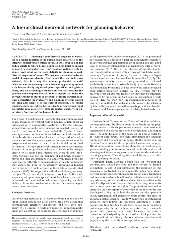 A Hierarchical Neuronal Network For Planning Behavior | PDF | Prefrontal Cortex | Reward System