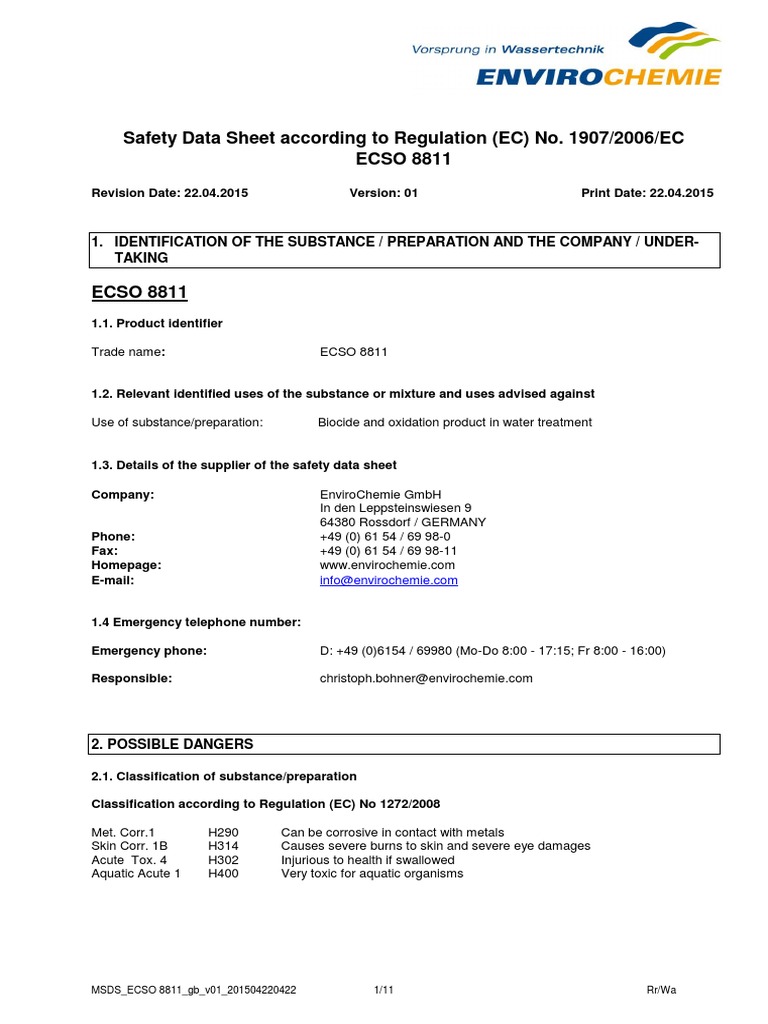 Safety Data Sheet According To Regulation (EC) No. 1907/2006/EC ECSO ...