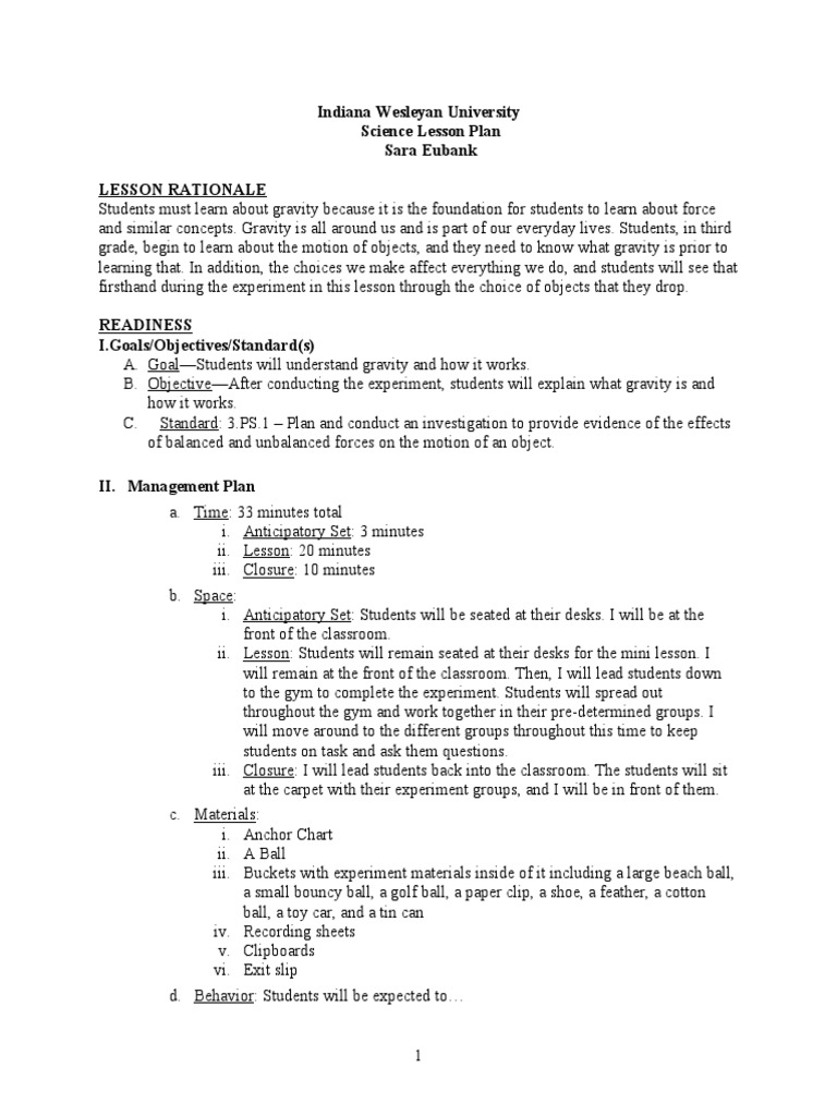 Indiana Wesleyan University Science Lesson Plan Sara Eubank Lesson Rationale | PDF | Cognition ...